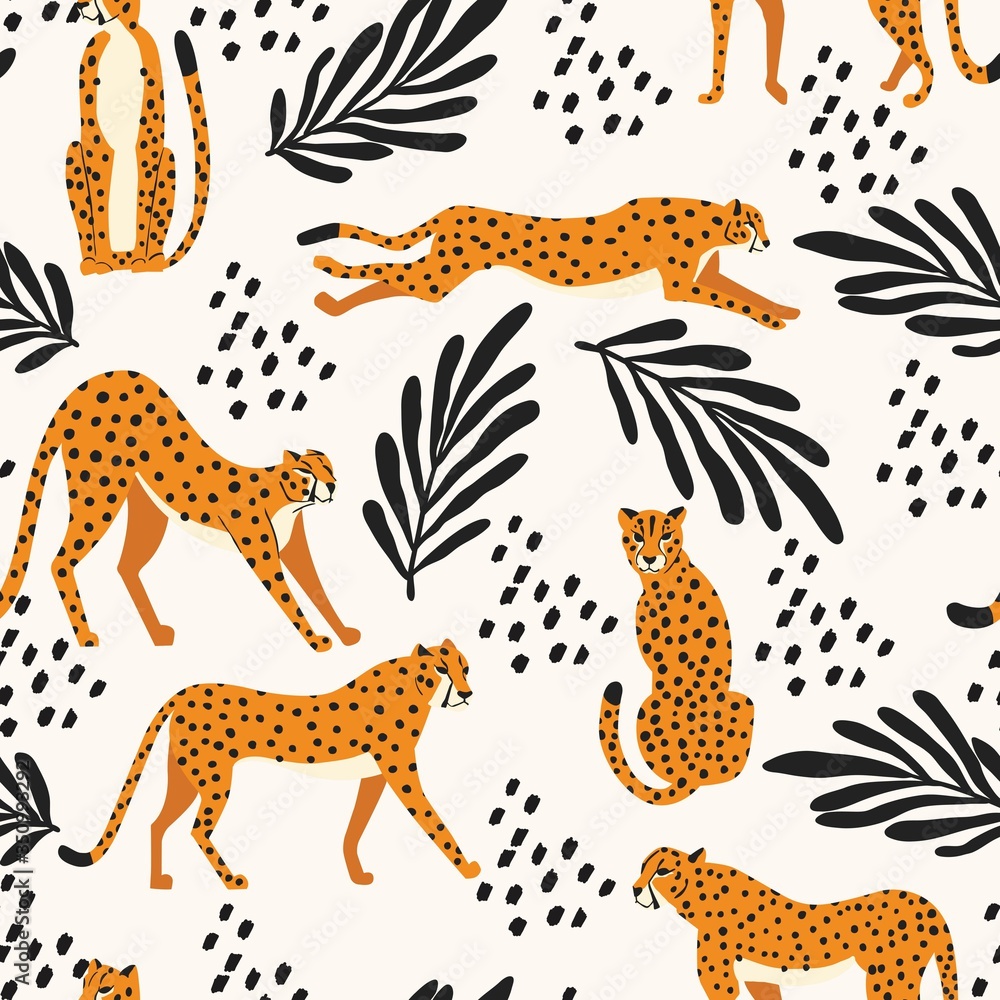 Seamless pattern with hand drawn exotic big cat cheetahs, with tropical ...