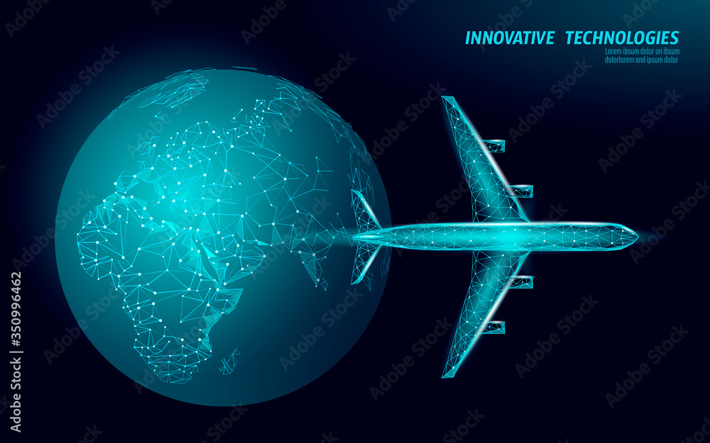 Airplane flying from around planet Earth. Flight up tourism journey ...