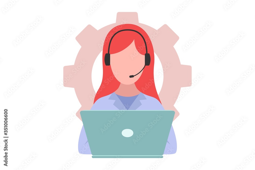 Technical support concept. Female with headphone and laptop provides ...