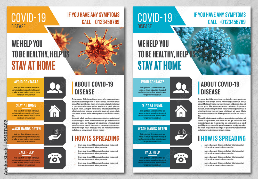 Covid-19 Flyer Layout with Blue and Orange Accents Stock Template ...