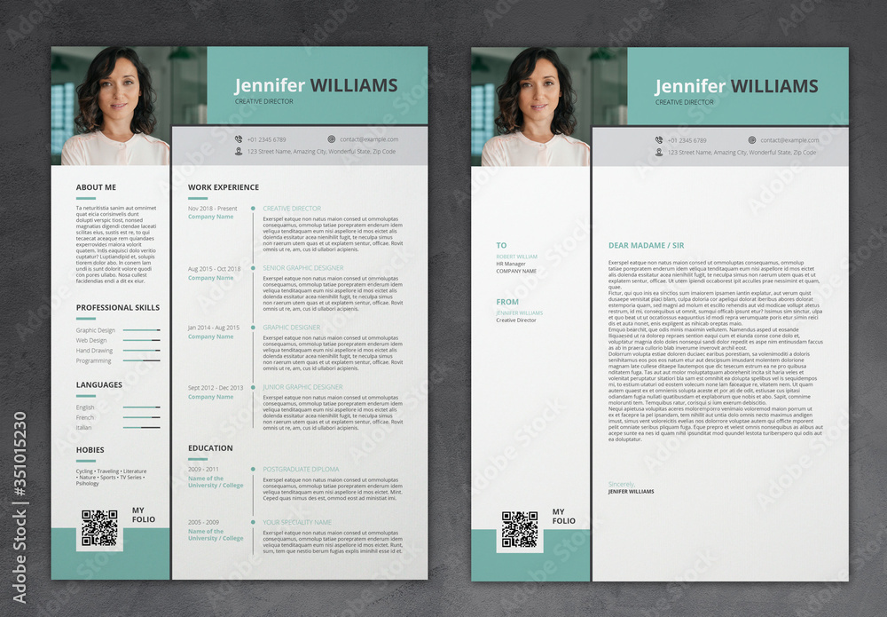 Modern Resume Layout with Turquoise Accents Stock Template | Adobe Stock