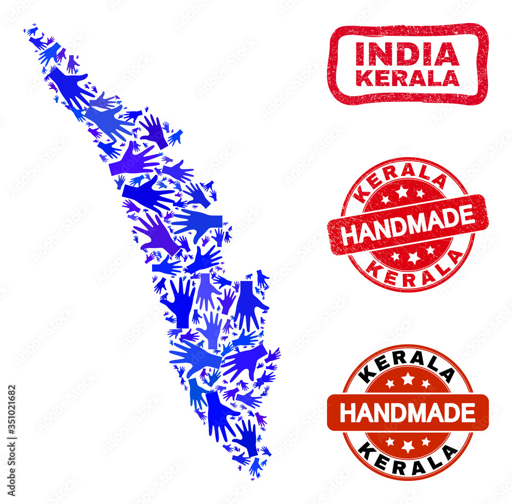 Vector handmade collage of Kerala State map and textured seals. Mosaic ...