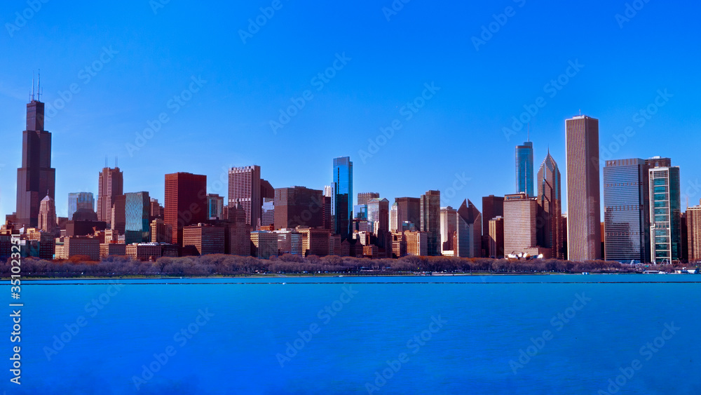 Chicago skyline, sundial, Adler Planetarium, Lake Michigan, Sears Tower ...