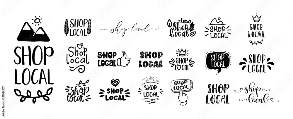 SHOP LOCAL set of hand drawn text and doodles badges, logo, icons ...