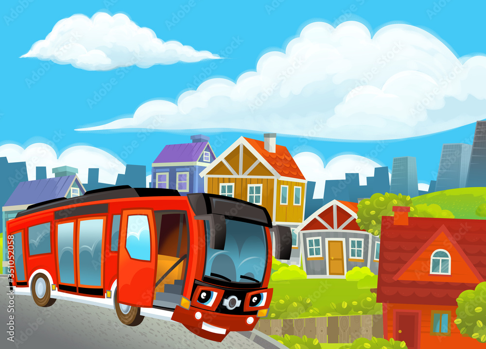 cartoon happy and funny scene of the middle of a city with bus driving ...