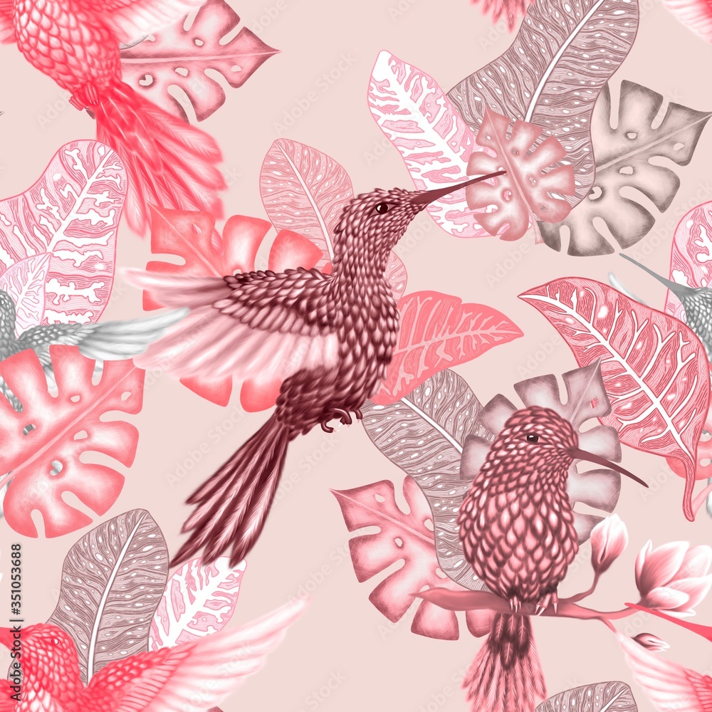 Seamless pattern in the chinoiserie style with hummingbird and leaves ...