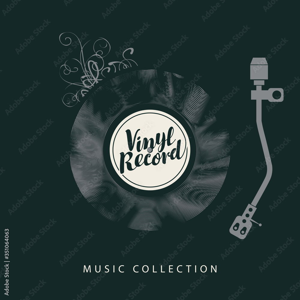 Vector monochrome banner with old vinyl record, record player and ...