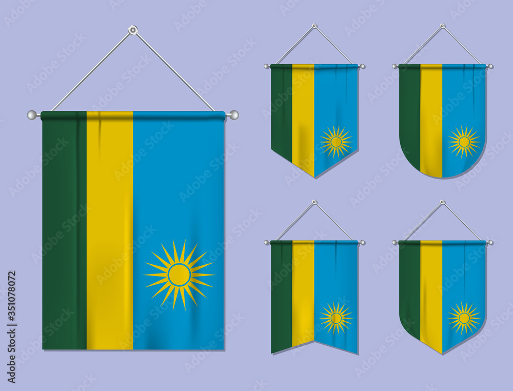 Set of hanging flags Rwanda with textile texture. Diversity shapes of ...