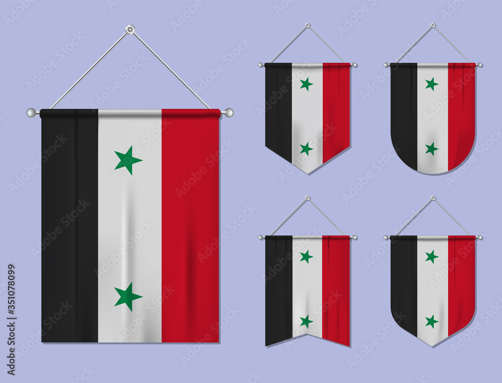 Set of hanging flags Syria with textile texture. Diversity shapes of ...