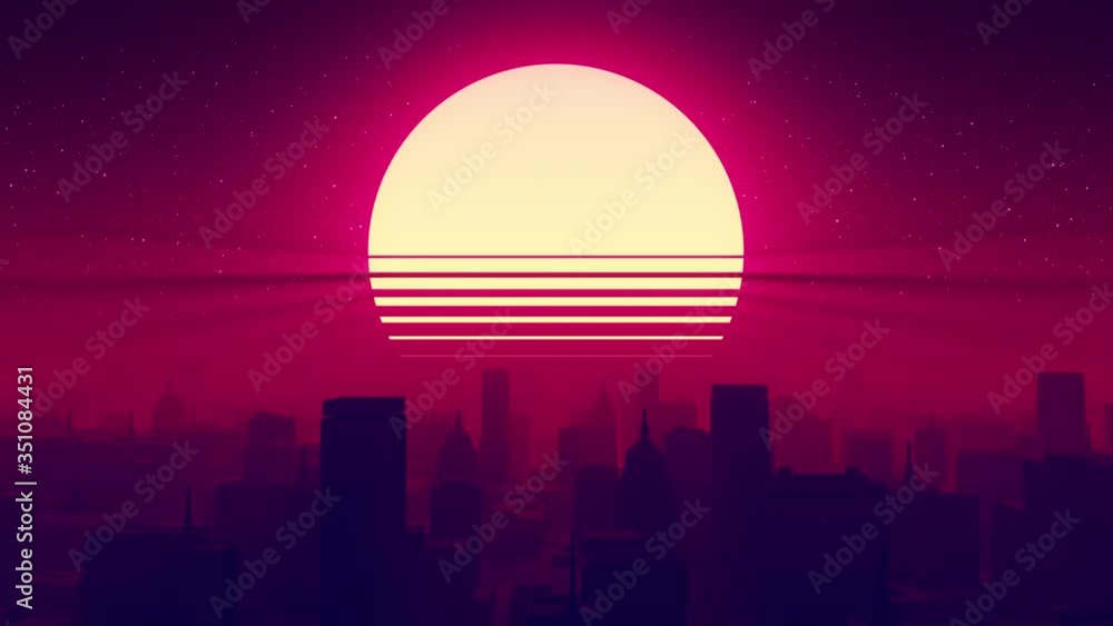 Retro wave, synthwave digital city landscape. Sunset view from over the ...