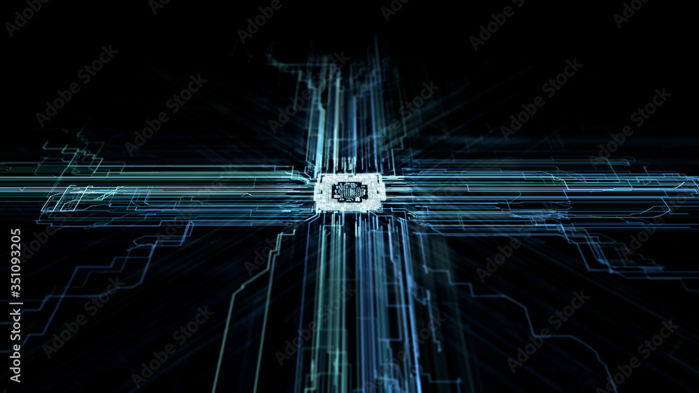 Looping animation of electrons moving into working processor through ...