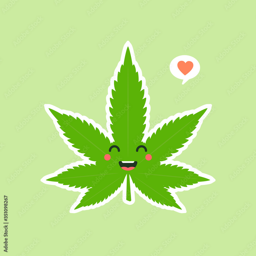 Cute and kawaii smiling happy marijuana weed green leaf face. Vector ...