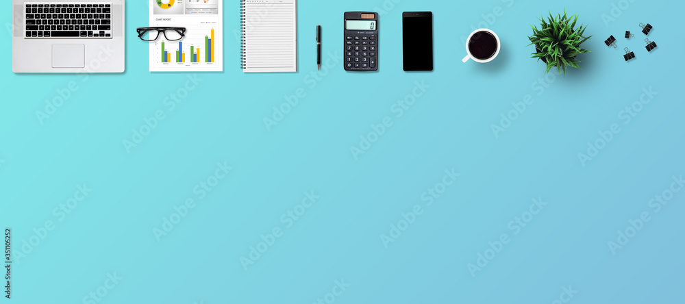 Top view office desk and supplies, with copy space. Creative flat lay ...