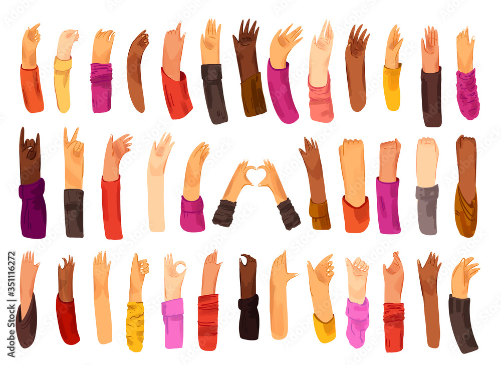 Human hand with collection of signs and hand gestures - ok, love ...