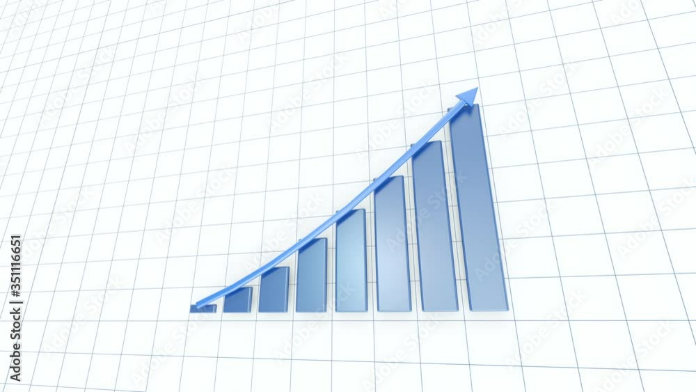 Blue glossy bar graph with animated arrow line showing straight ...