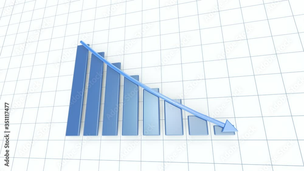 Blue glossy bar graph with animated arrow line showing negative down ...