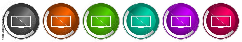Screen, tv icon set, silver metallic chrome border vector web buttons ...