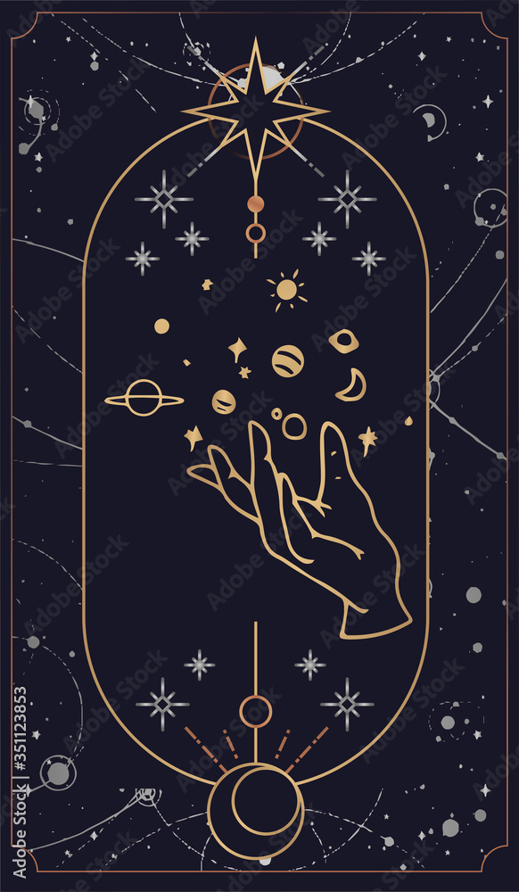 Cosmos tarot cards are created by the hands of God. Hands are set in a ...