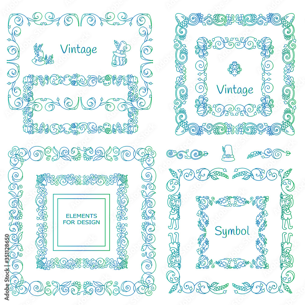 Vector set of calligraphic elements for design, blue-green watercolor ...