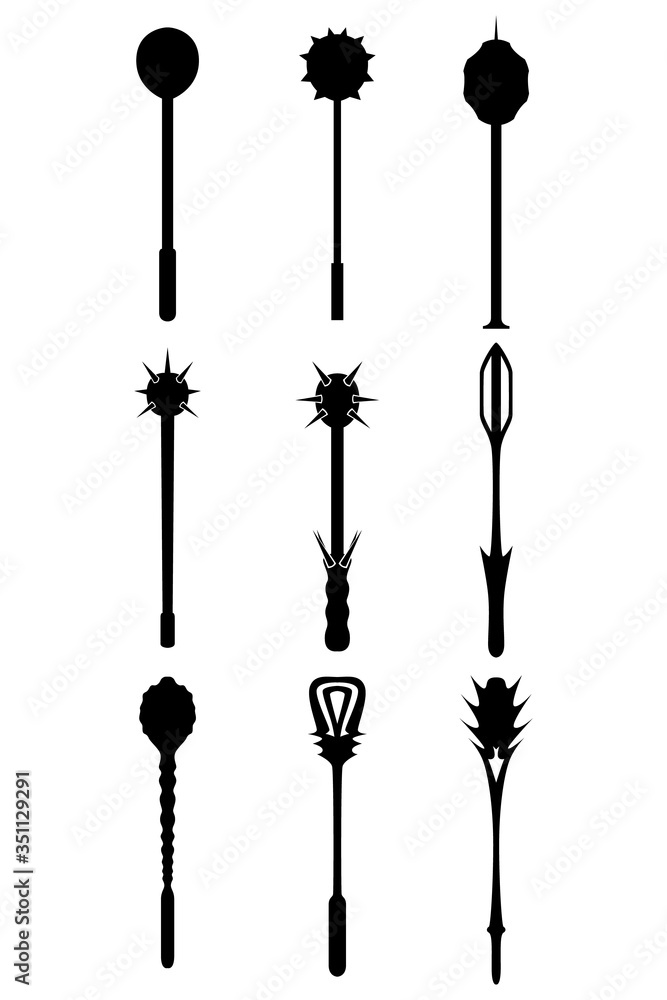 A set of nine different types of medieval maces. Illustration for ...