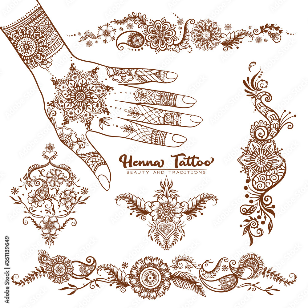 Female hand and set of traditional indian henna tattoo elements. Vector ...