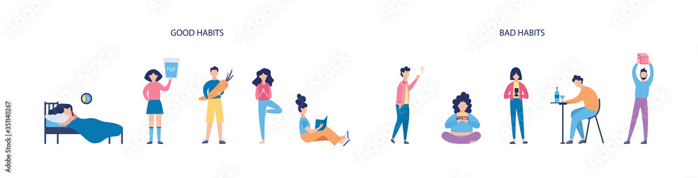 Bad and good habits banner with people flat vector illustration ...