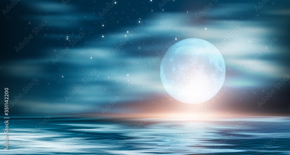 Background of night sea landscape. Night sky, clouds, full moon ...