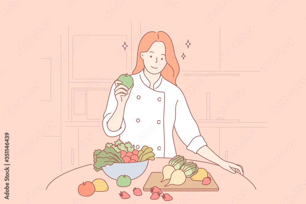 Health, vegan, food, cooking concept. Woman girl cooker vegetarian ...
