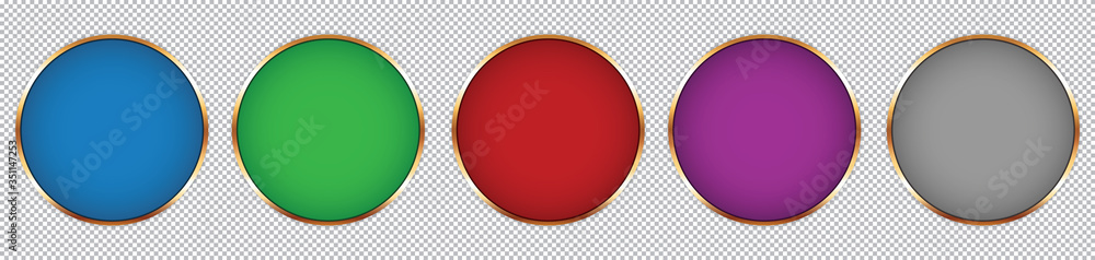 set of round buttons with gold frame on transparent background Stock ...