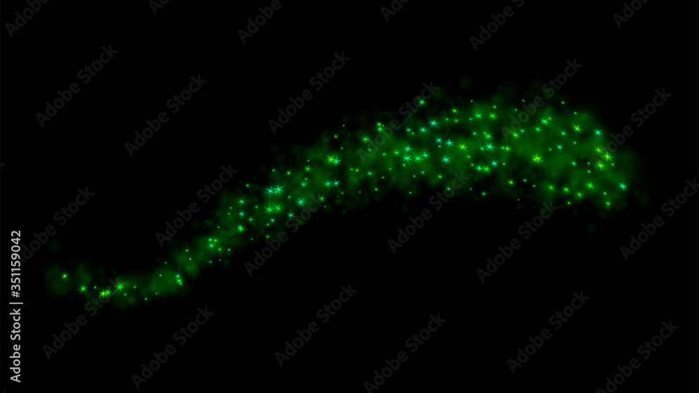 Vector green glitter sparkles wave isolated on black background. Magic ...