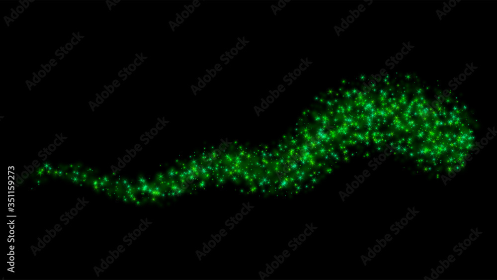 Vector green glitter sparkles wave isolated on black background. Magic ...