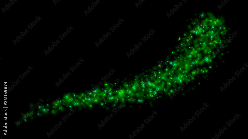 Vector green glitter sparkles wave isolated on black background. Magic ...
