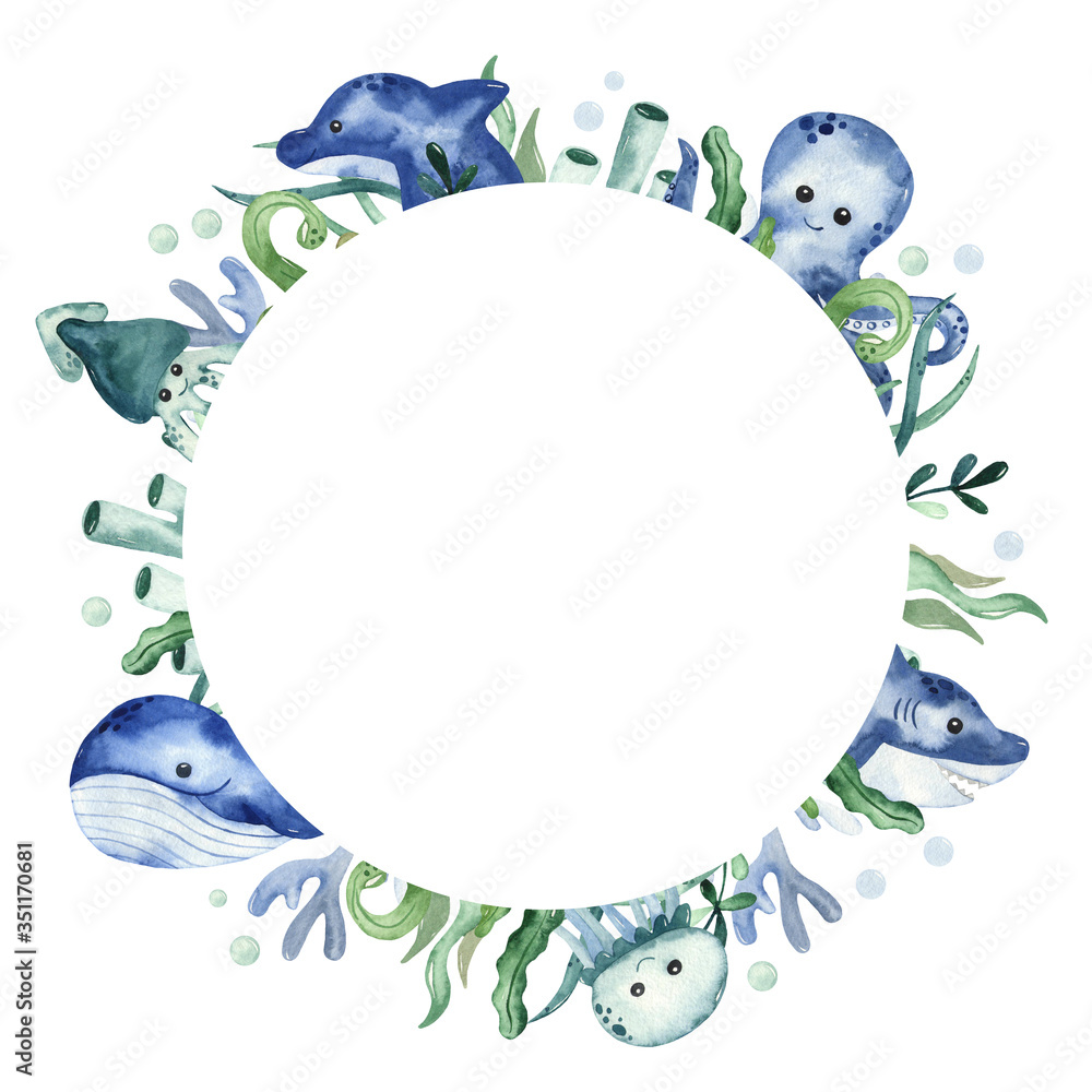 Watercolor round frame with sea creatures, fish, algae and corals ...