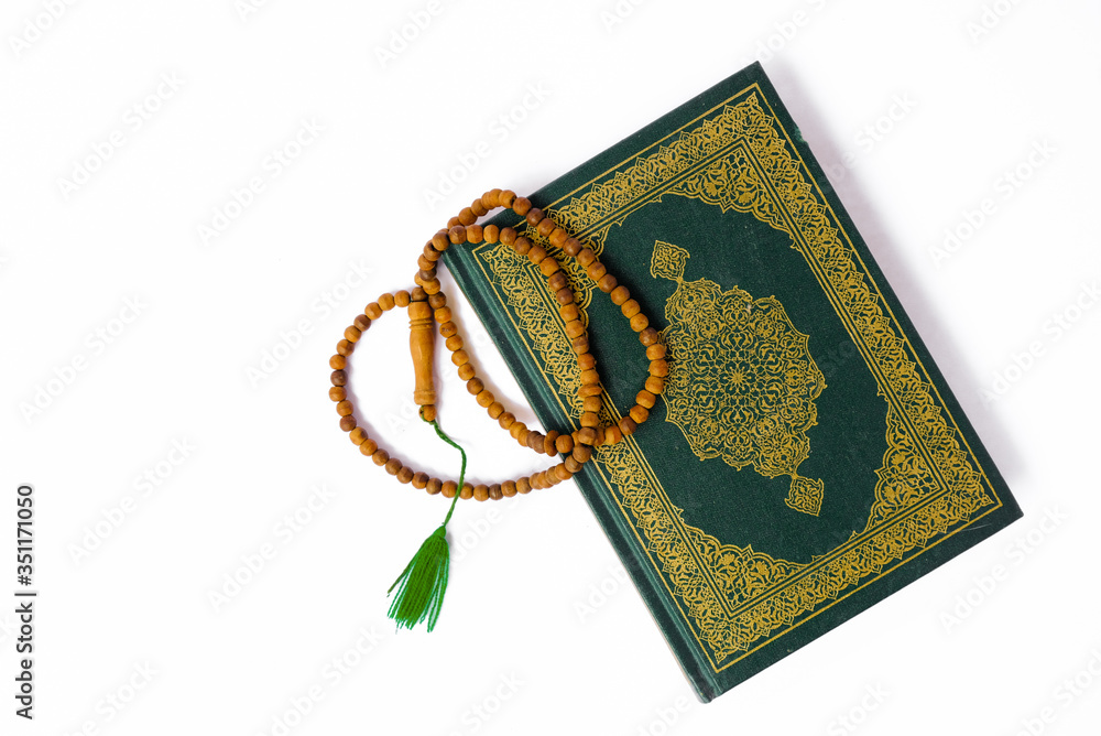 Islamic Concept.Flat lay composition with Muslim prayer beads, Al Quran ...