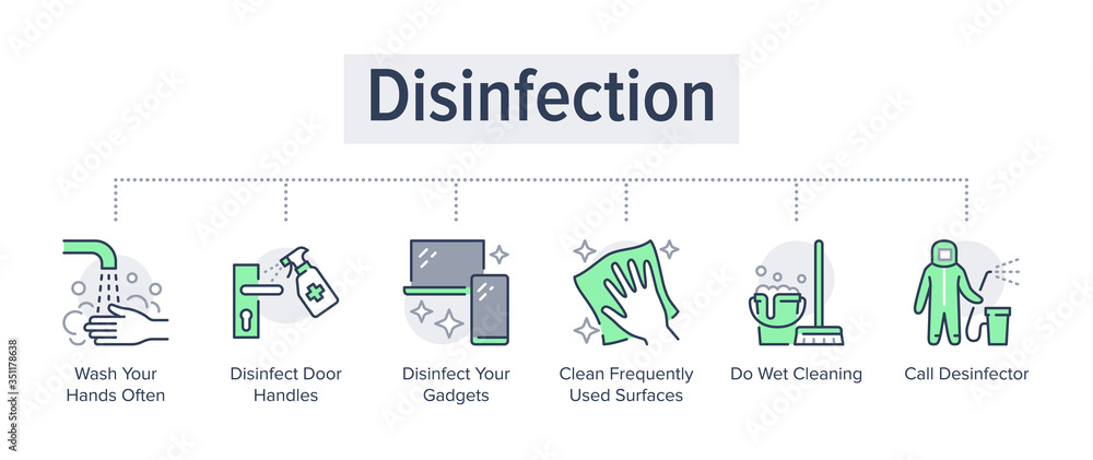 Disinfection tips poster with flat icons. Vector illustration included ...