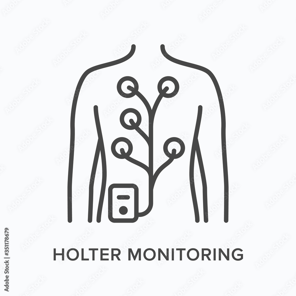 Holter monitor flat line icon. Vector outline illustration of man with ...