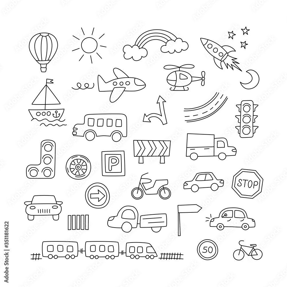 Children drawing of cars, train, plane, helicopter and rocket. Doodle ...