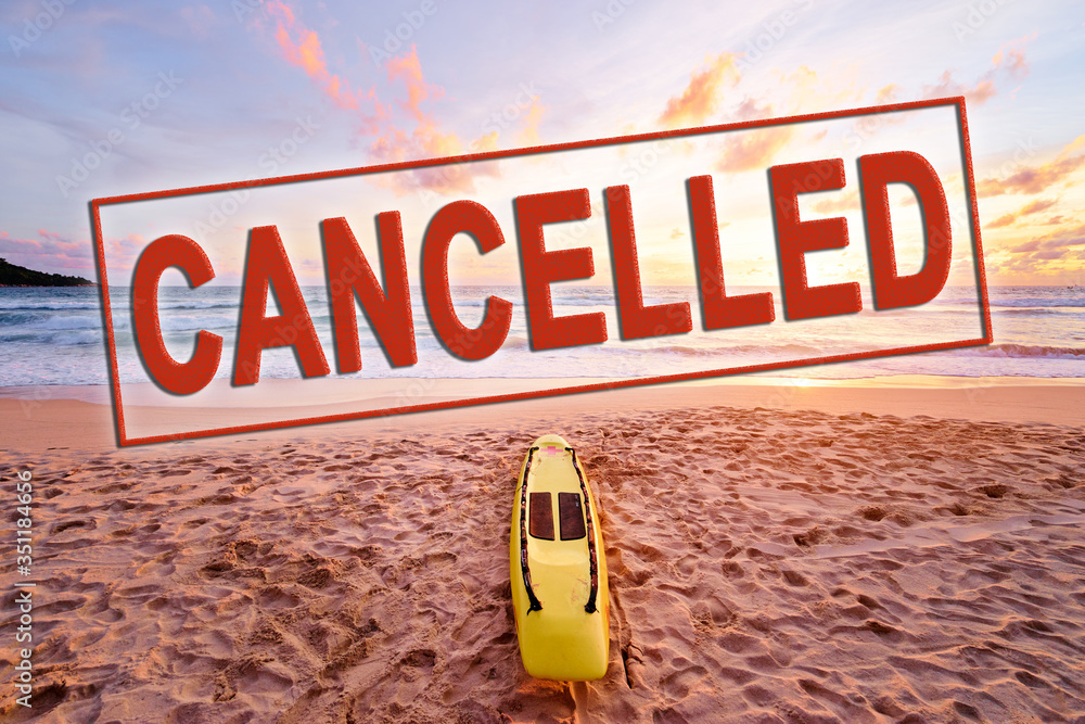 Vacation trip cancelled. Sunset on the sea beach with lifeguard surf ...