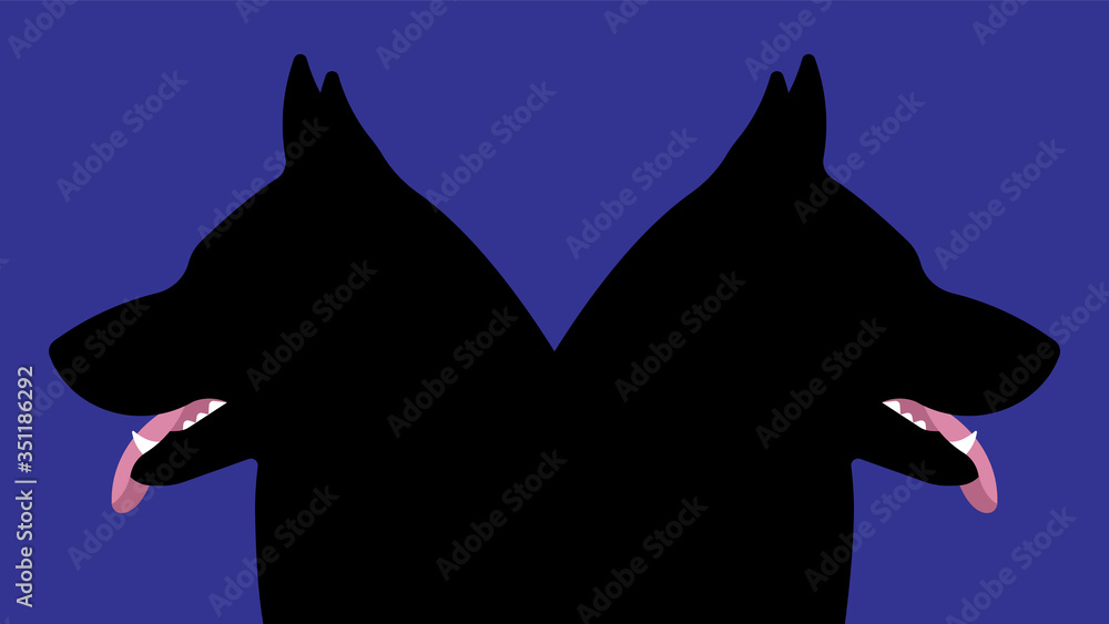 Cerberus with two heads. Shepherd dog with two heads that look in ...