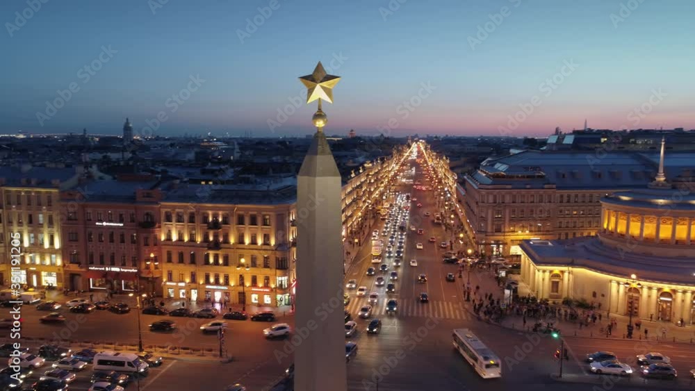 White nights. Drone around soviet star on top stella obelisk central ...