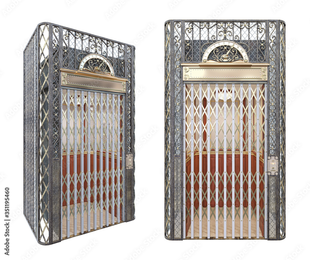 Set of vintage elevators with forged decorative elements with a closed ...