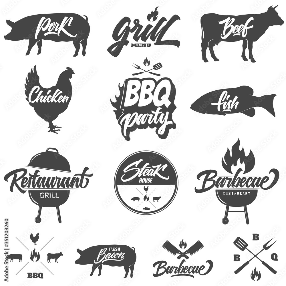 Barbecue and grill restaurant logo and labels! Typographical design ...