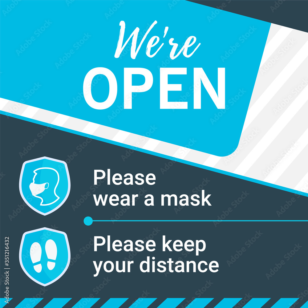Square banner We're Open printable and social media: keep your distance ...