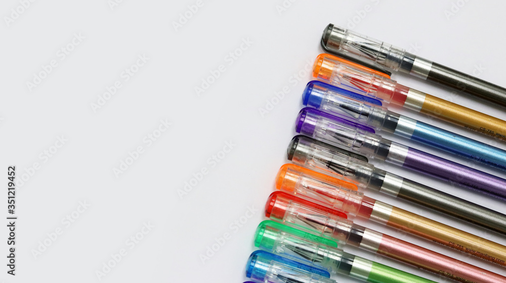 Close up colorful pens rainbow isolated in white background has copy ...