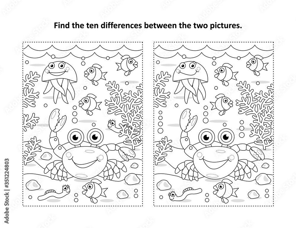 Find ten differences underwater visual puzzle and coloring page, crab ...