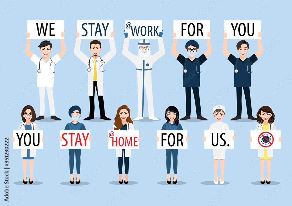 Cartoon character with doctors, nurses and medical staff holding poster ...