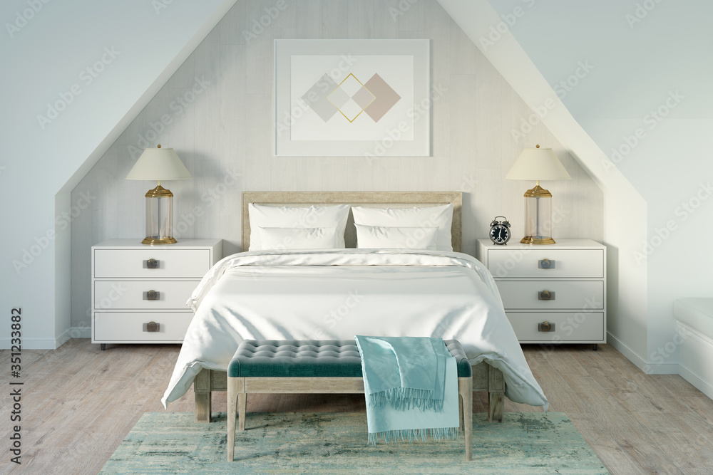 Modern mansard bedroom with a horizontal poster under the bed between ...