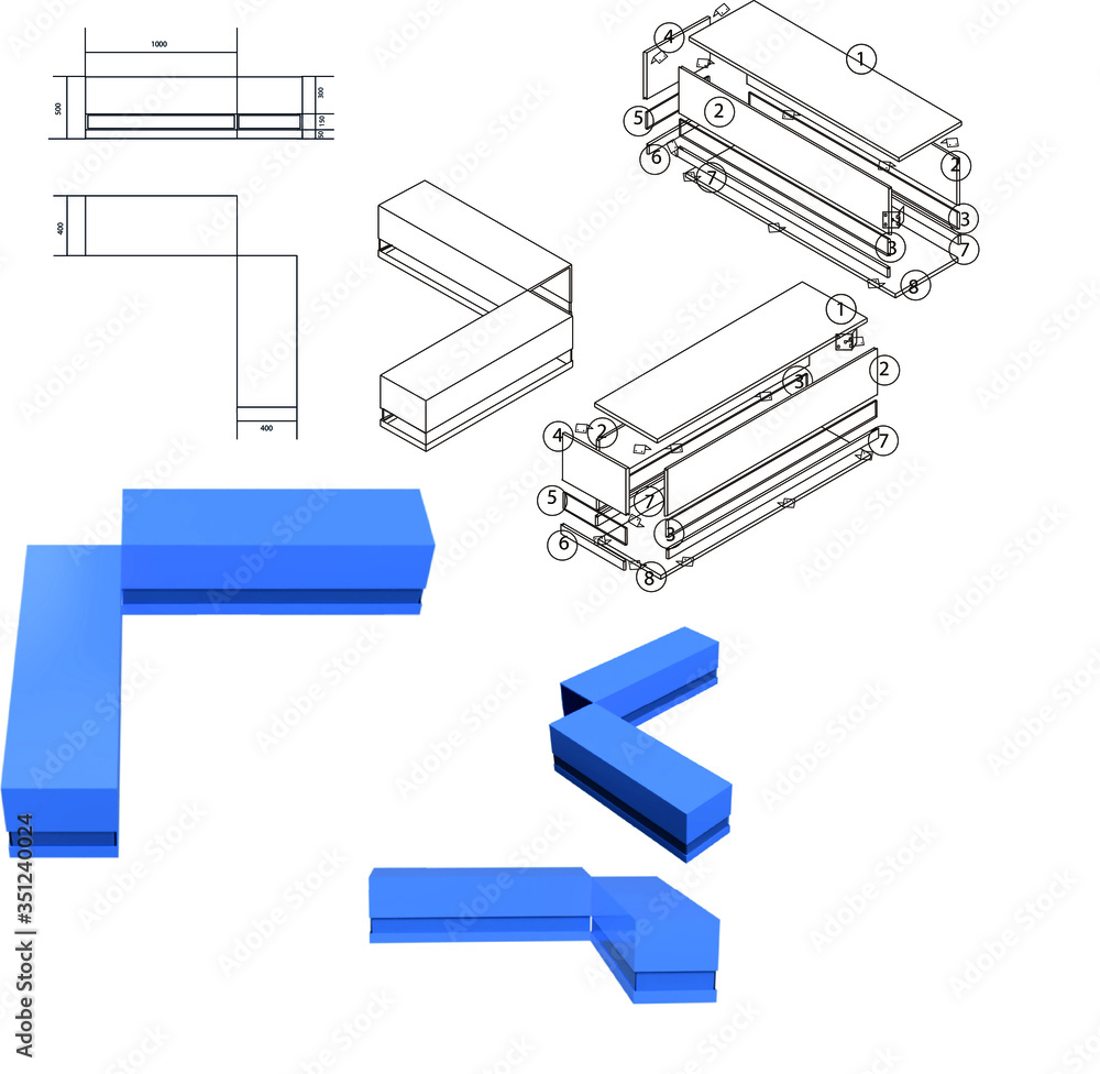 design of office furniture in blue. orthogonal and axonometric ...