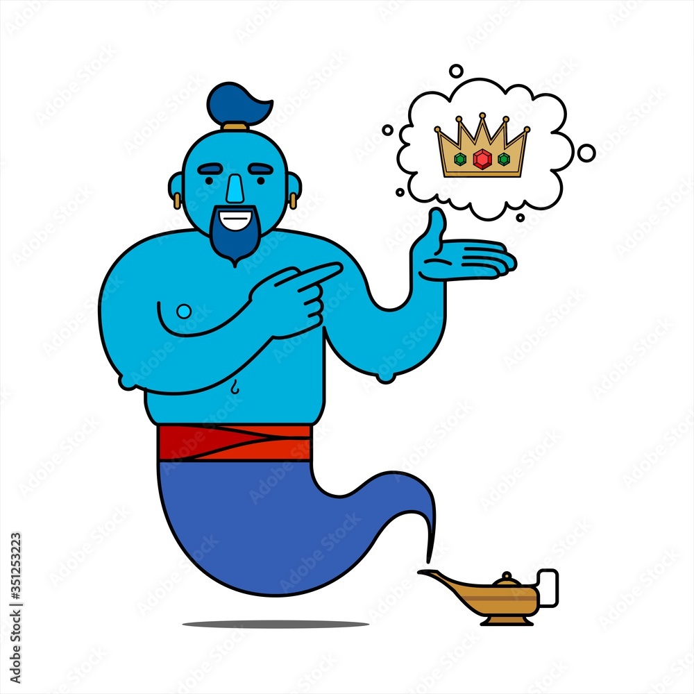 Blue genie from the lamp, cartoon character. The desire to have power ...