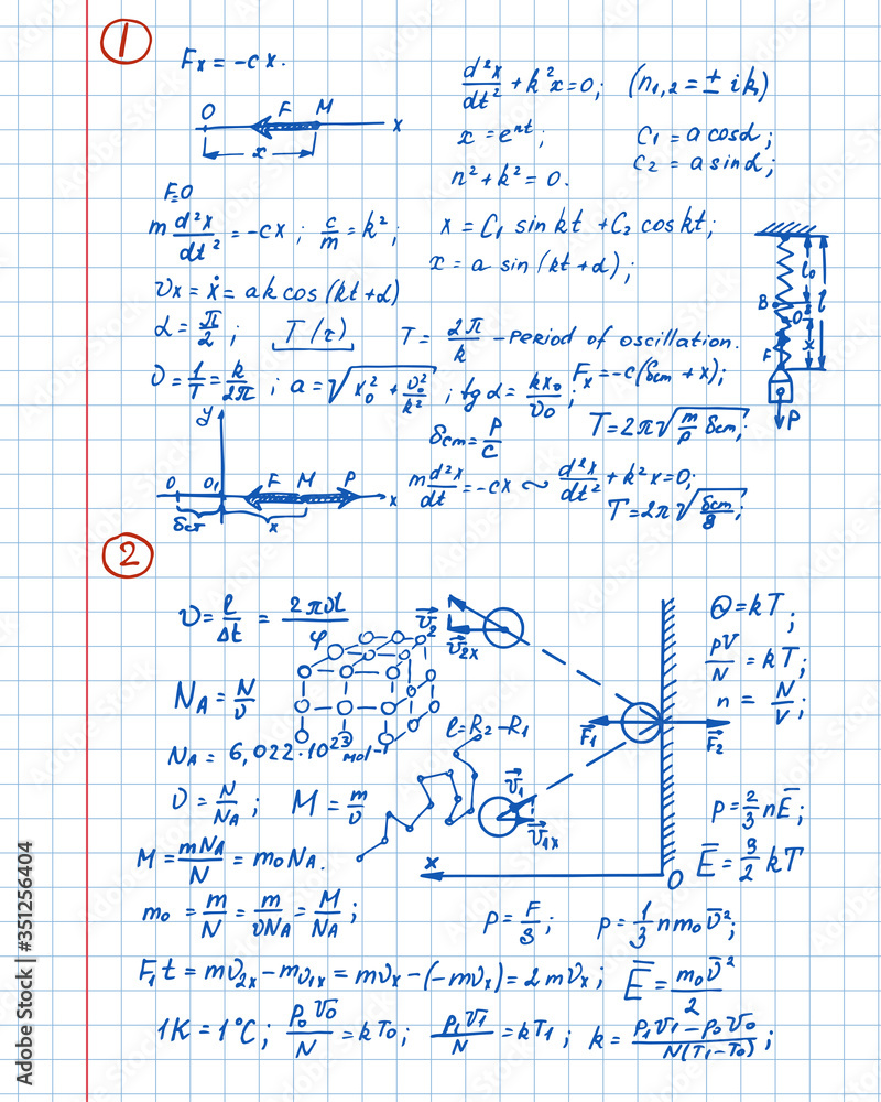 Physical equations, diagrams and formulas on workbook. Vector hand ...